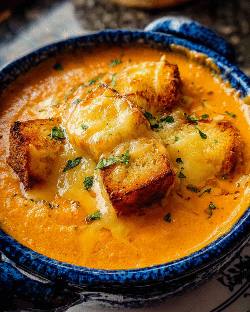 Tomato Soup with Grilled Cheese Croutons for Cozy Comfort